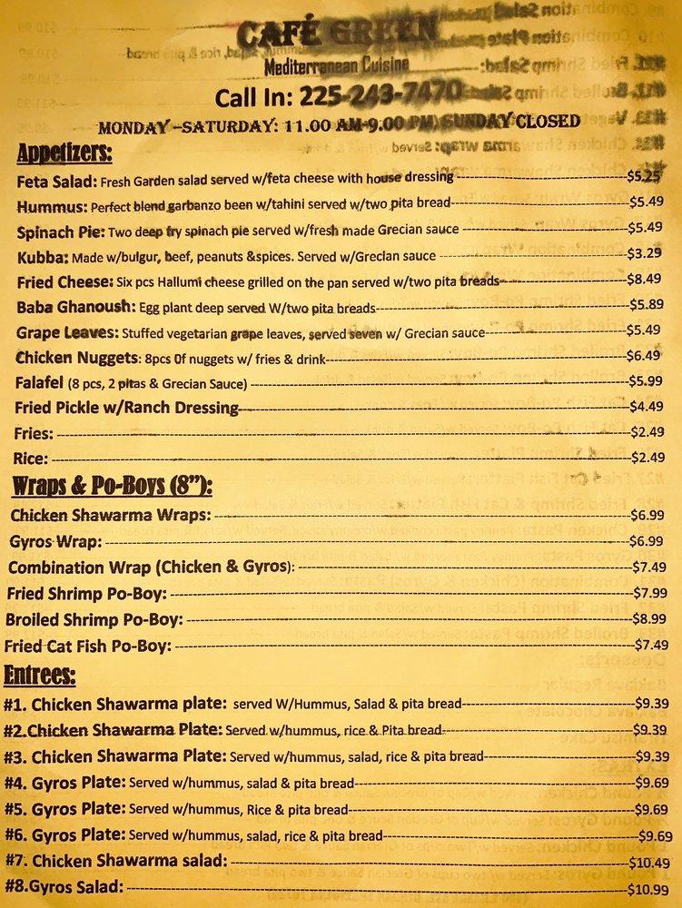 Menu at Cafe Green, Denham Springs