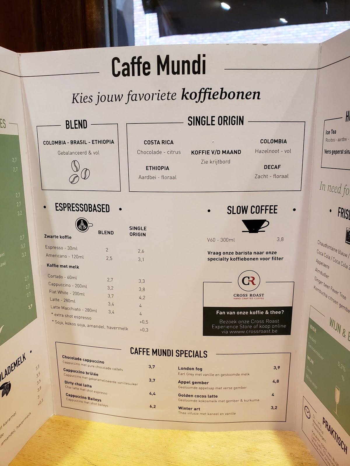 Menu at Caffe Mundi, Antwerp