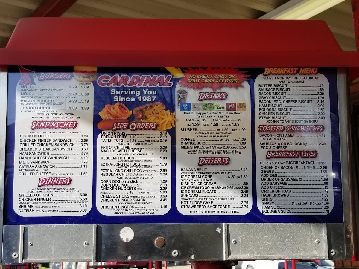 Menu at Cardinal Drive In restaurant, Winfield, 364 Bankhead Hwy