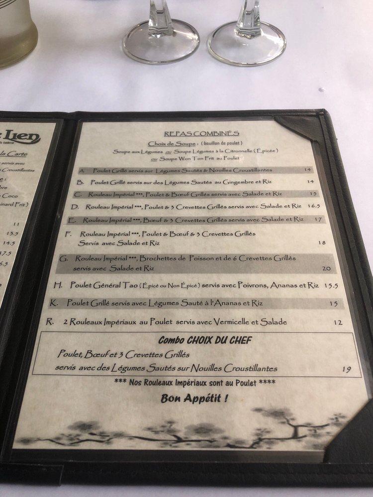 Menu at Chez Lien restaurant, Laval, Bd Curé-Labelle