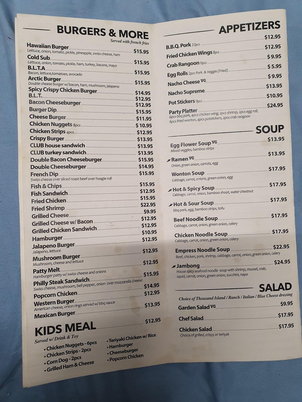 Carta del restaurante Empress, Kotzebue