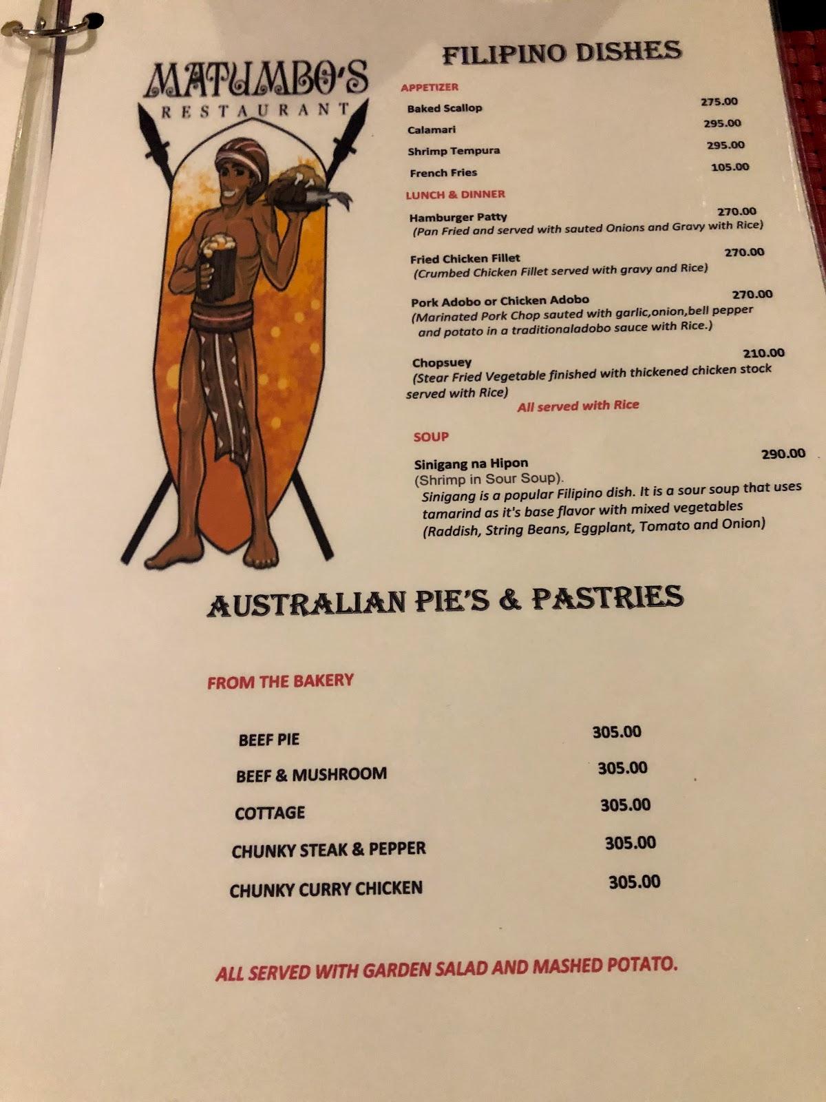 Menu at Matumbo's Restaurant, Lapu-Lapu City