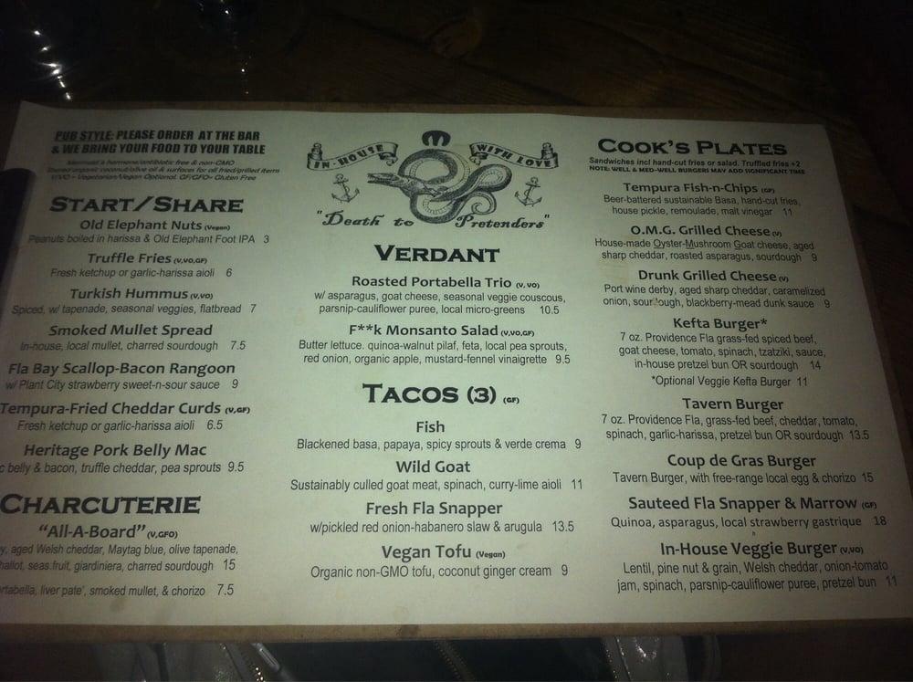Menu at Mermaid Tavern pub & bar, Tampa