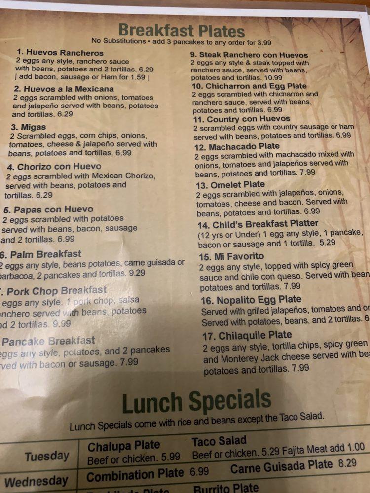 Menu at The Palm Cafe 2, San Marcos
