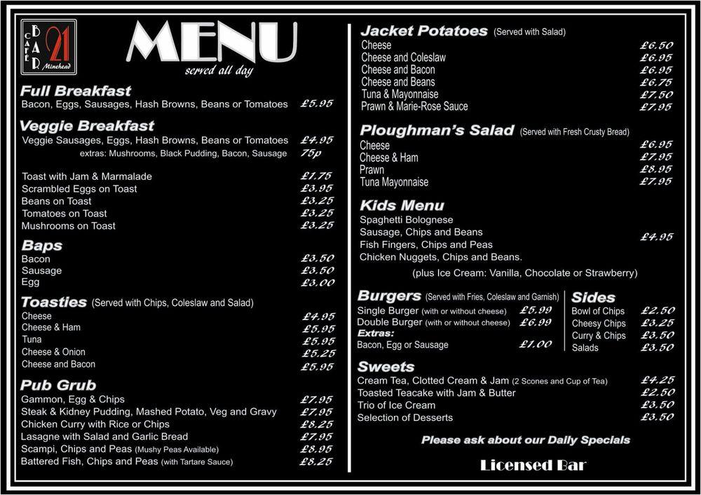 Menu at Cafe Bar 21, Minehead