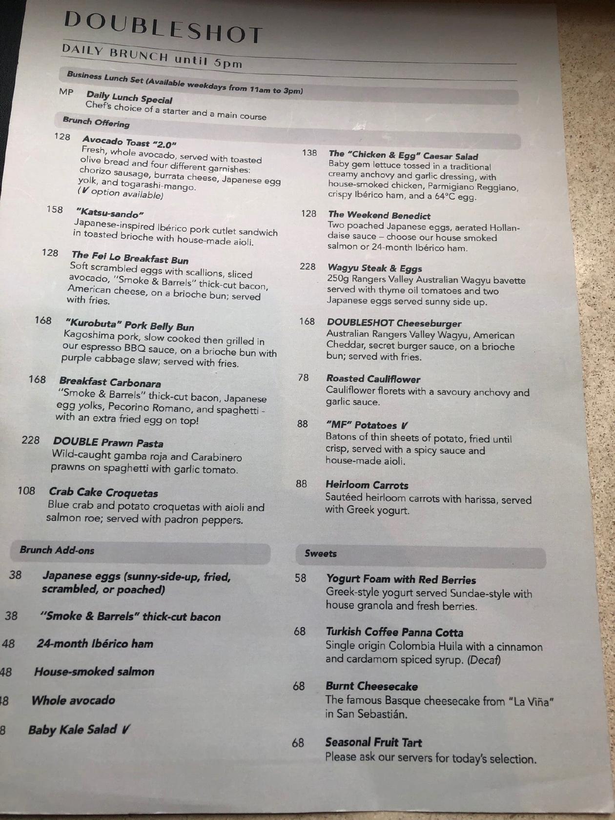 Menu at DOUBLESHOT cafe, Hong Kong