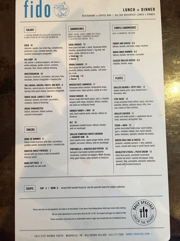 Menu at Fido cafe, Nashville