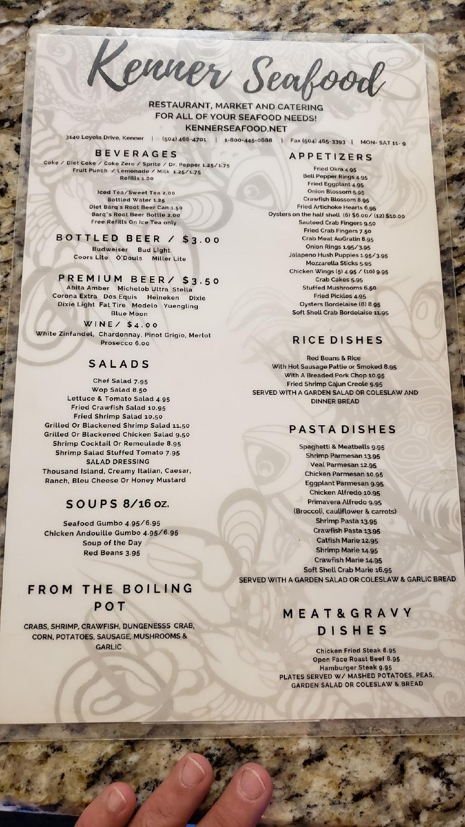 Menu at Kenner Seafood, Market, Restaurant & Catering, Kenner