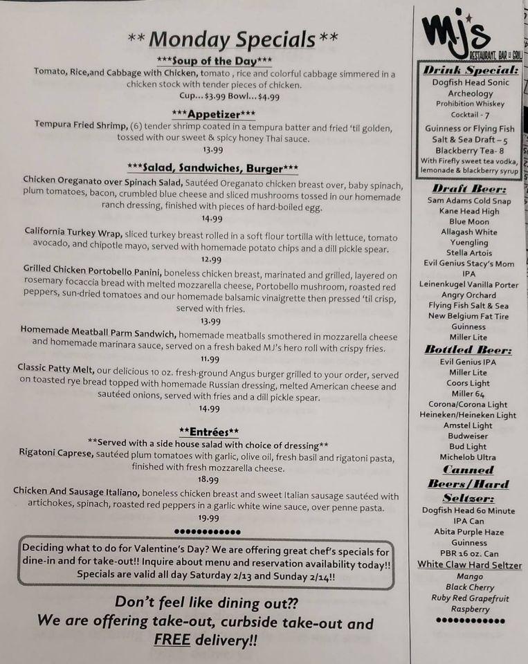 Menu at MJ's Restaurant Bar & Grill, Spotswood
