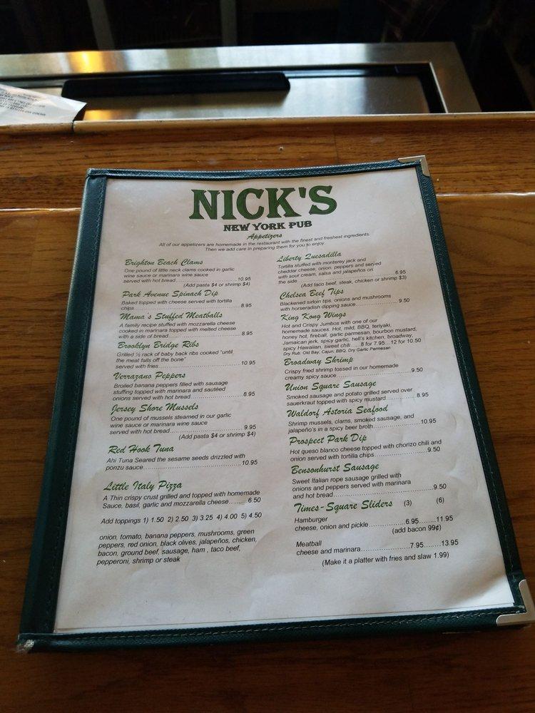 Menu at Nick's New York pub & bar, North Myrtle Beach, 113 Hwy 17 S