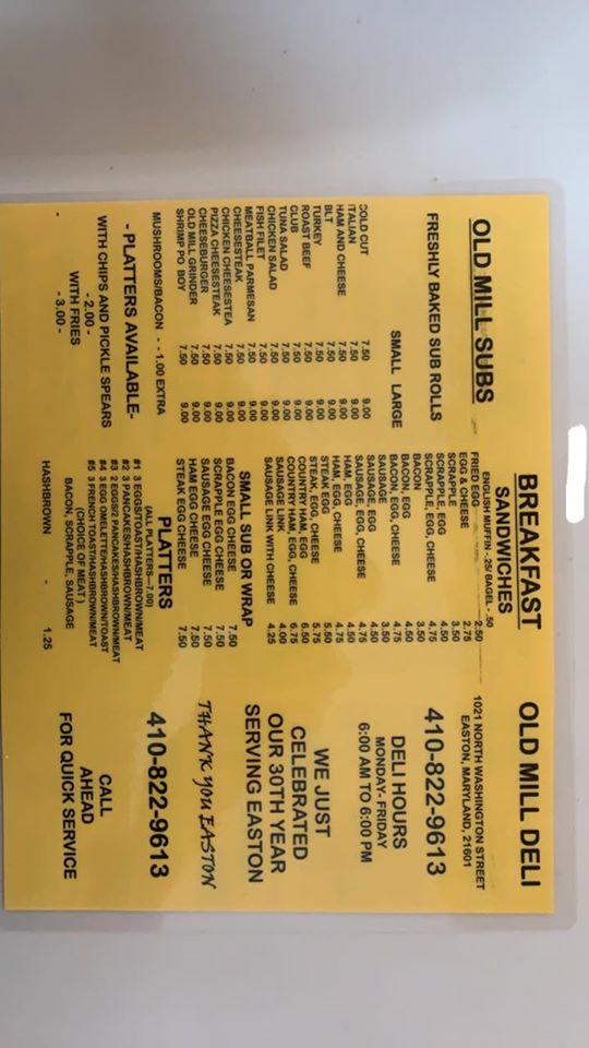 Menu at Old Mill Deli restaurant, Easton