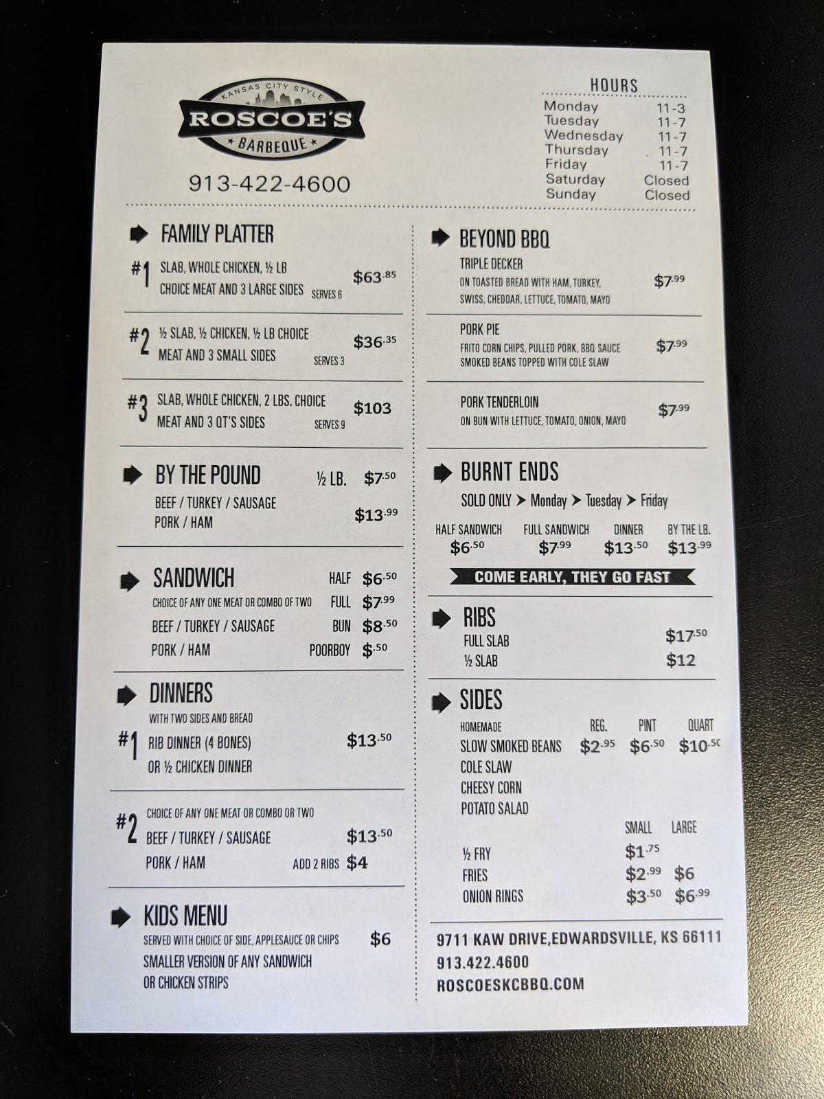 Menu at Roscoe's BBQ, Edwardsville