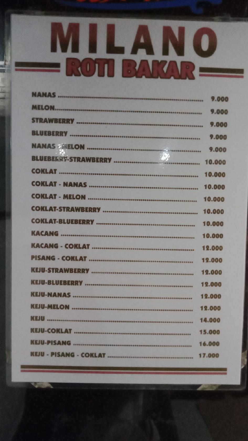 Menu at Roti Bakar Milano cafe, Magelang