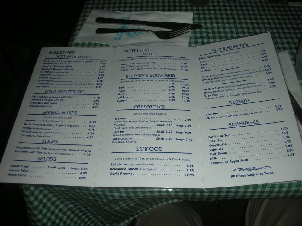 Menu at Stepho's Souvlaki Greek Taverna restaurant, Vancouver, Davie St