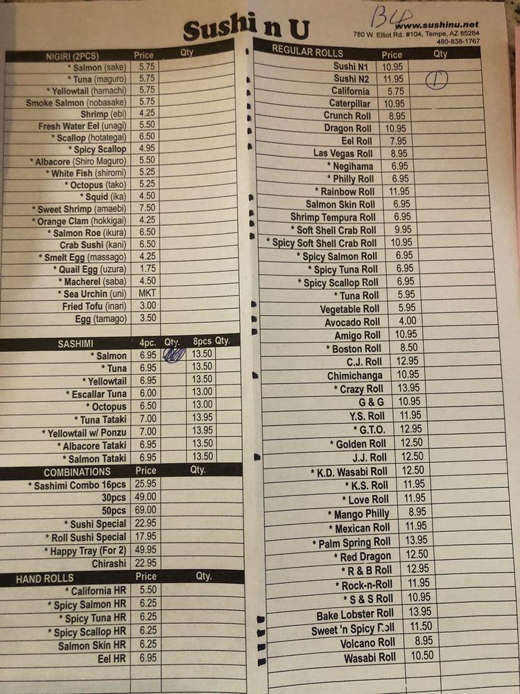 Menu at Sushi n U restaurant, Tempe