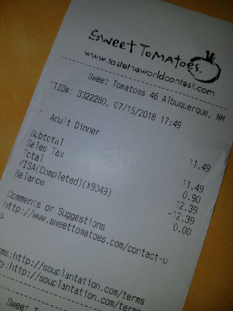 Menu at Sweet Tomatoes restaurant, Albuquerque, San Mateo Blvd NE