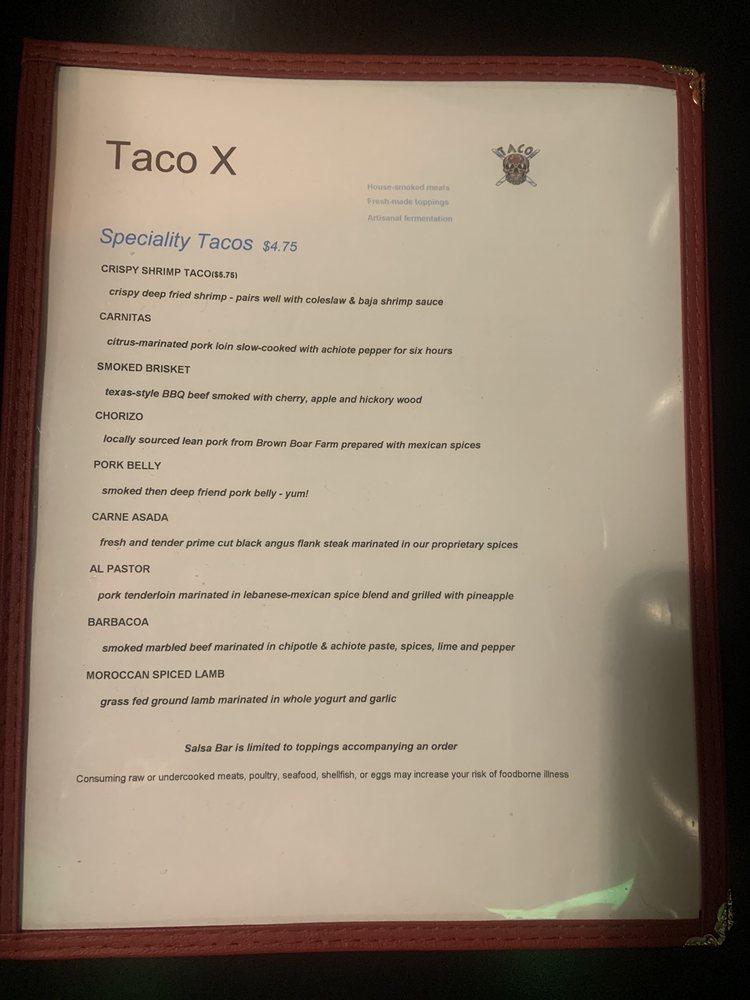 Menu at Taco X restaurant, Killington