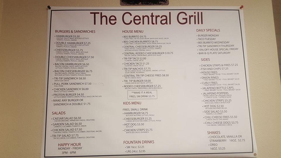 Menu at The Central Grill restaurant, Nipomo