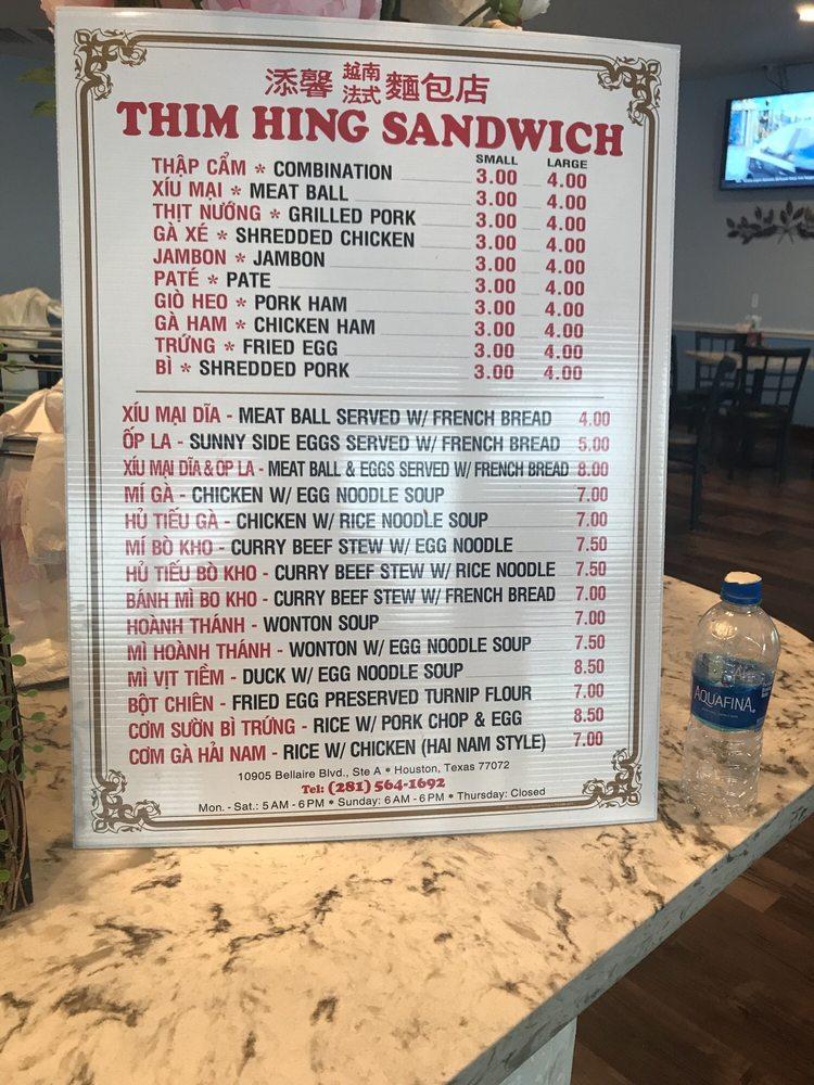 Menu at Thim Hing Sandwich restaurant, Houston