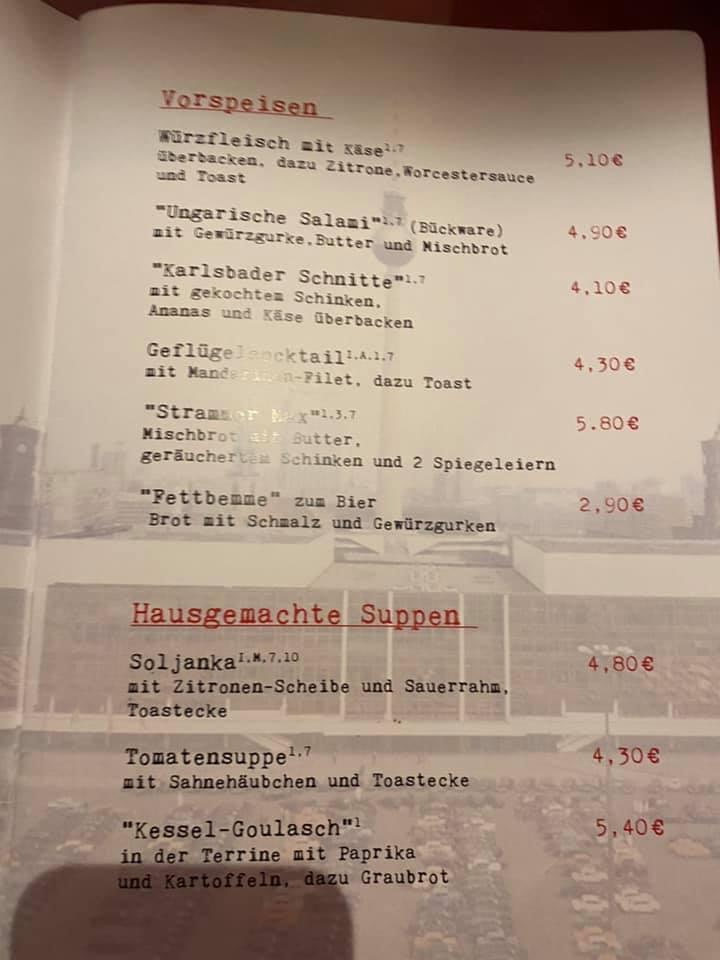 Menu at Volkskammer "DDR Restaurant", Berlin, Str. der Pariser Kommune 18B