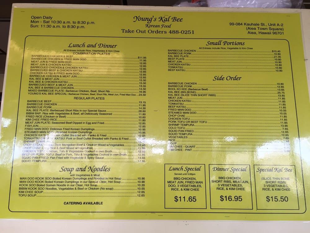 Menu at Young's Kal bee restaurant, Aiea