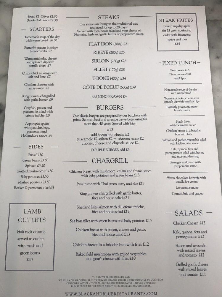 Menu at Black & Blue steakhouse, London, 1-2 Rochester Walk