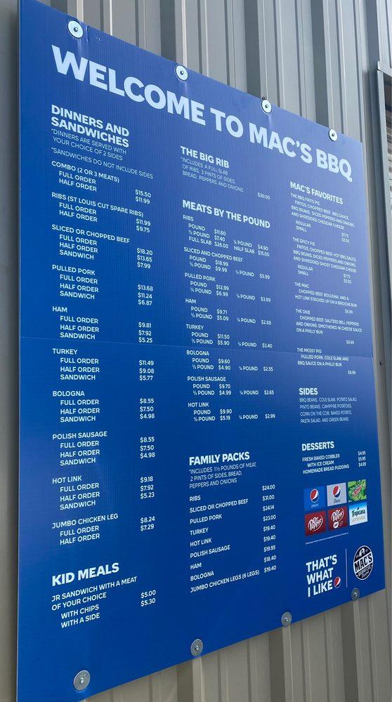 Menu at Mac's BBQ, Skiatook