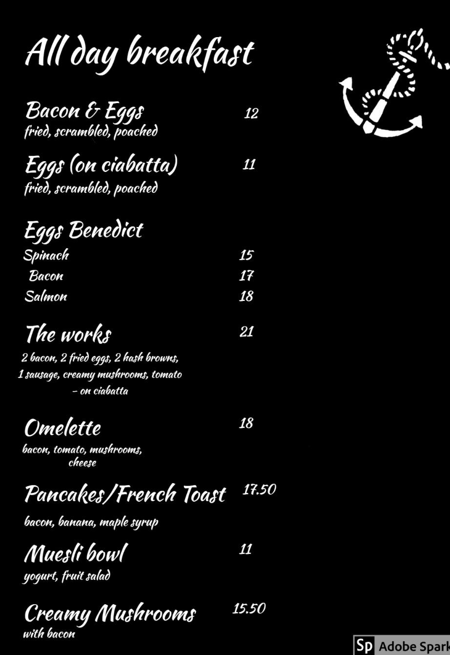 Menu at Marina Cafe, Tauranga
