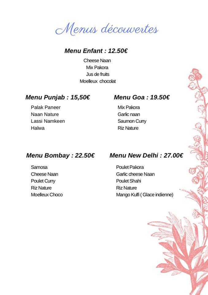 Menu at Namaste India restaurant, Troyes