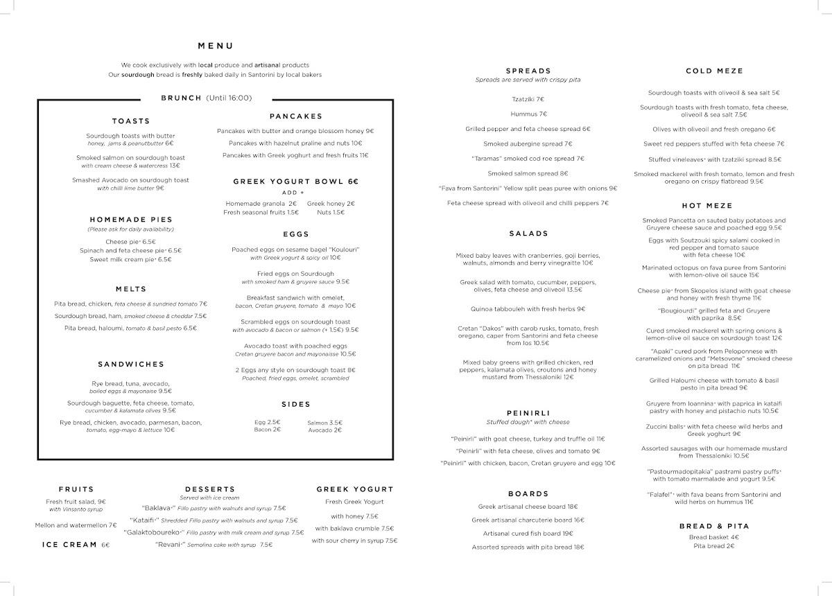 Menu at Volkan on the Rocks, Thera