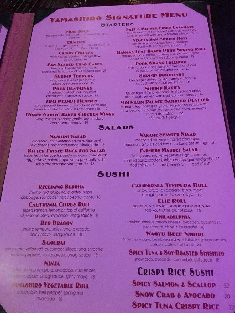 Menu at Yamashiro Hollywood restaurant, Los Angeles