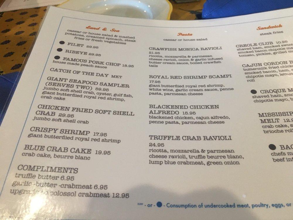 Menu at Bacchus On The Beach restaurant, Pass Christian