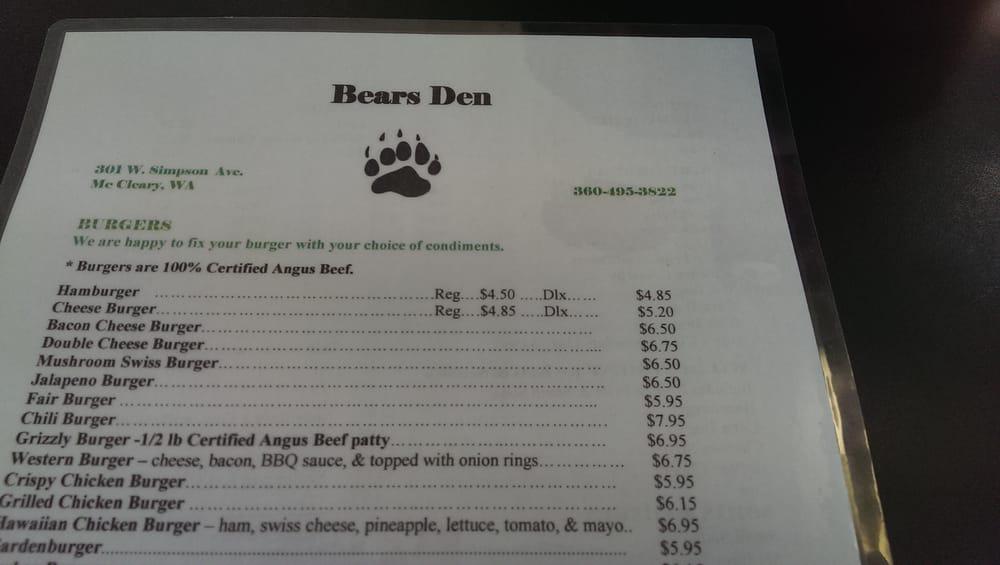 Menu at Bears Den restaurant, McCleary