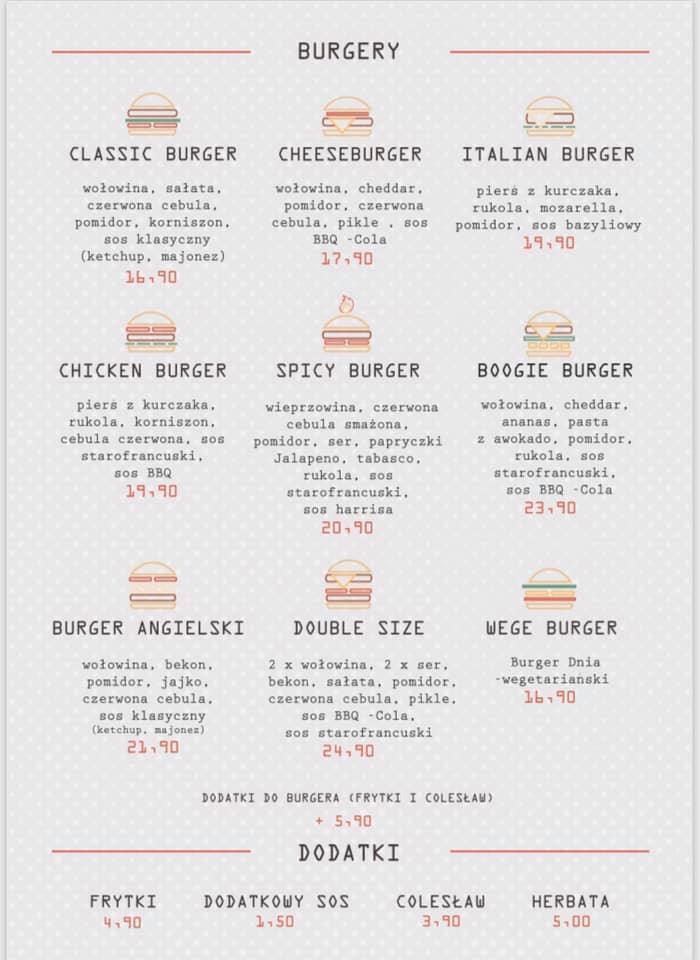 Menu at Boogie Burger restaurant, Rzgów