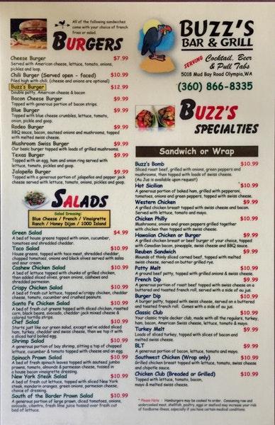 Menu at Buzz's Bar & Grill, Olympia