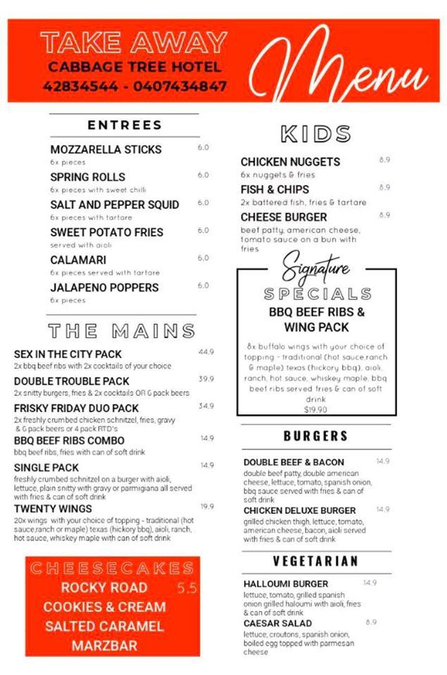 Menu at Cabbage Tree Hotel pub & bar, Fairy Meadow