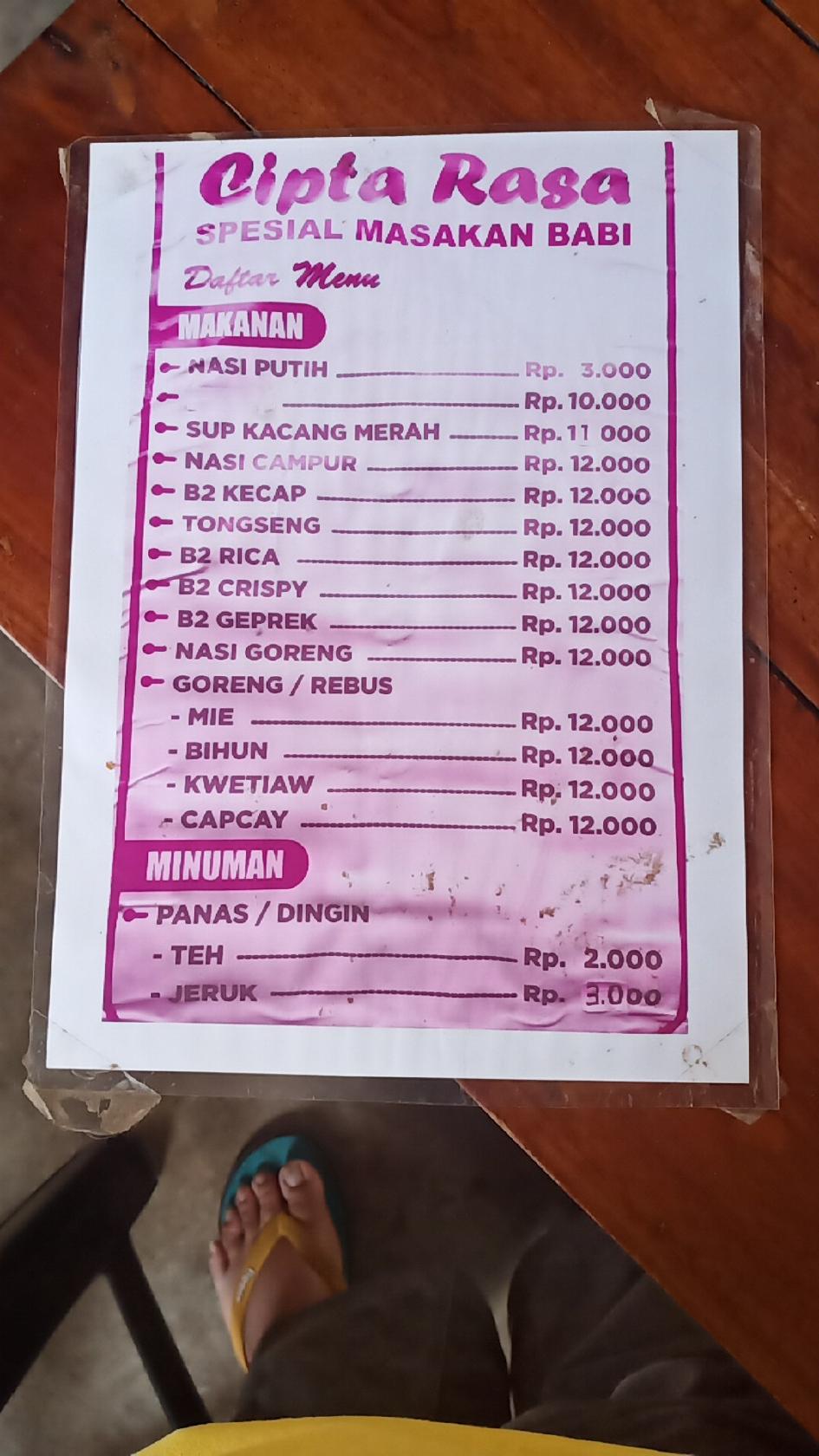 Menu at Depot Cipta Rasa Spesial Daging Babi restaurant, Tamanmartani