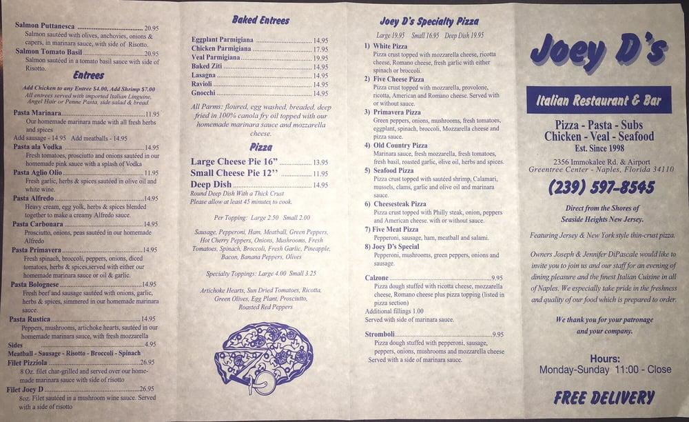 Menu at Joey D's Italian Restaurant, North Naples