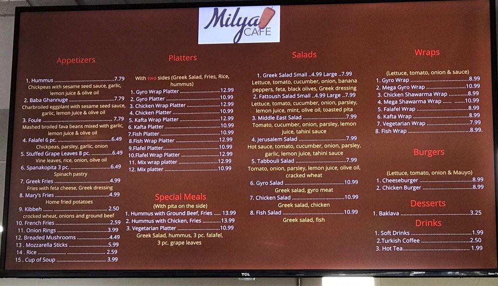 Menu at Milya Cafe, Blue Ash