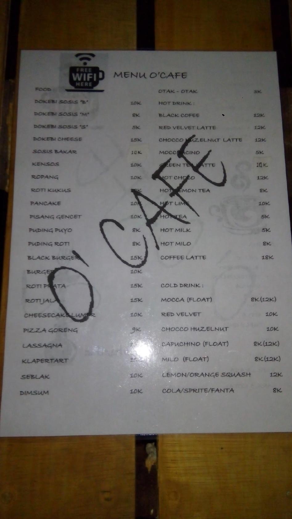 Menu At O Kafe Cafe Serang