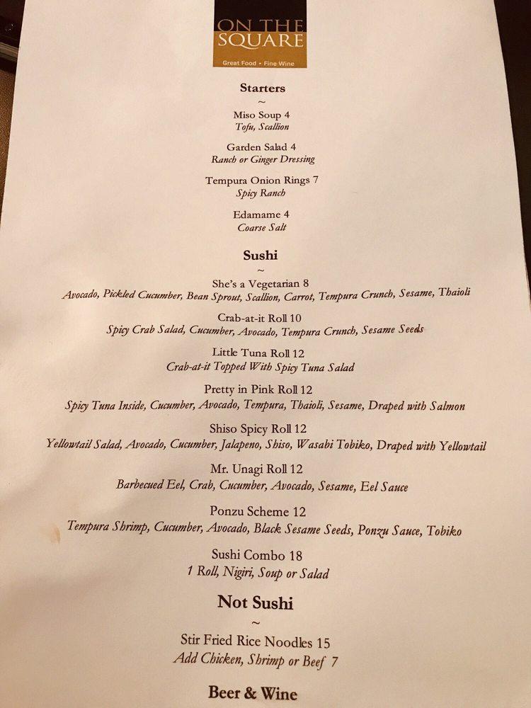 Menu at On the Square restaurant, Tarboro