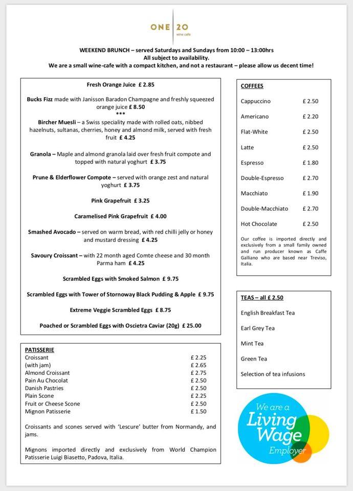 Menu at One20 pub & bar, Edinburgh