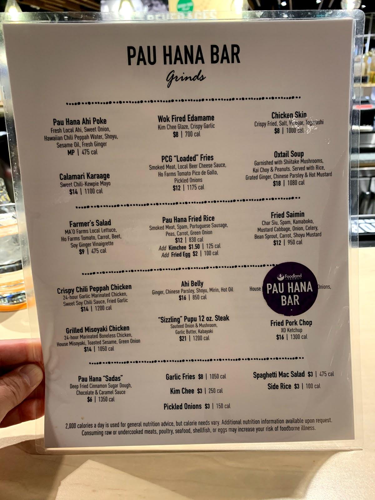 Menu at Pau Hana Bar, Pearl City