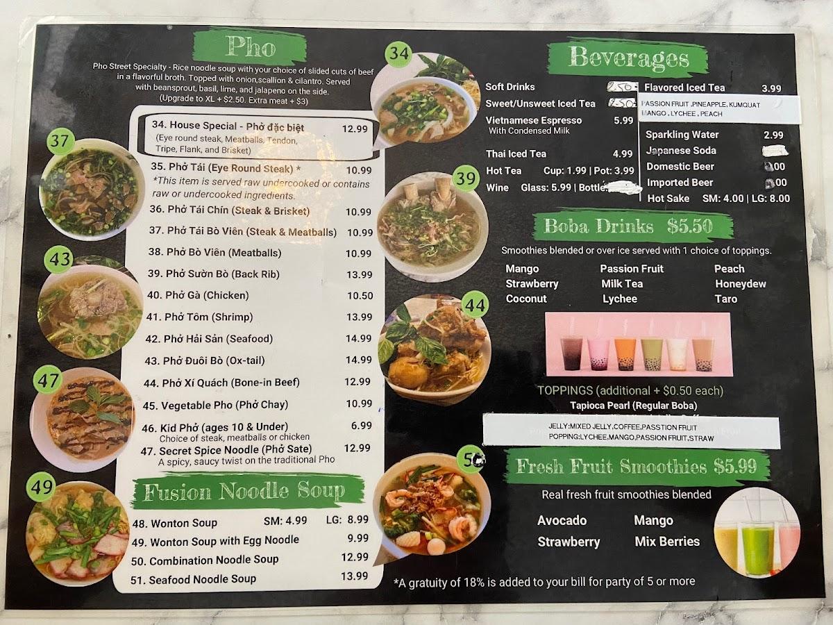 Menu at Pho Street restaurant, Bradenton