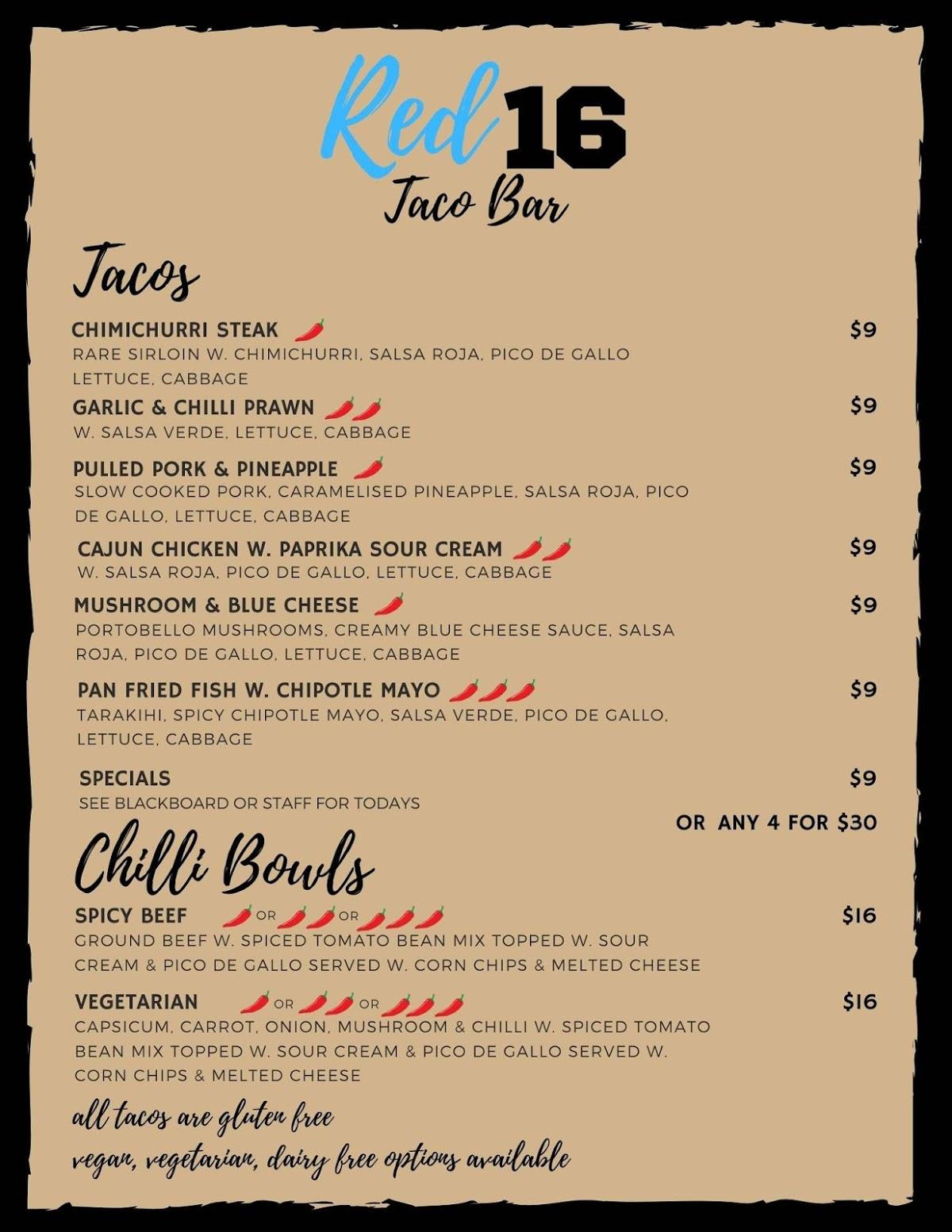 Menu at Red16 pub & bar, Nelson