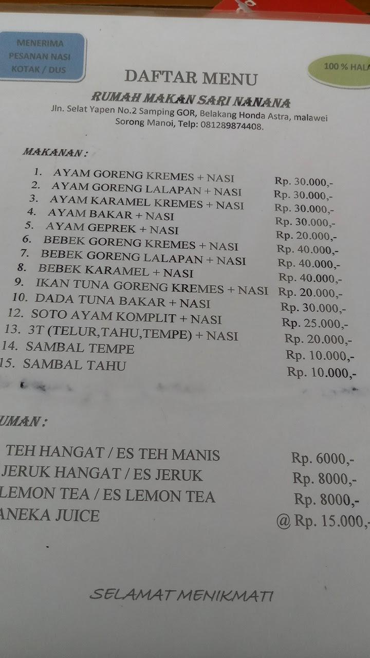 Menu at Rumah Makan Sari Nanana restaurant, Sorong