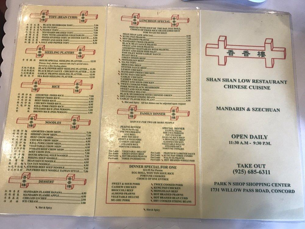 Menu at Shan Shan Low Restaurant, Concord