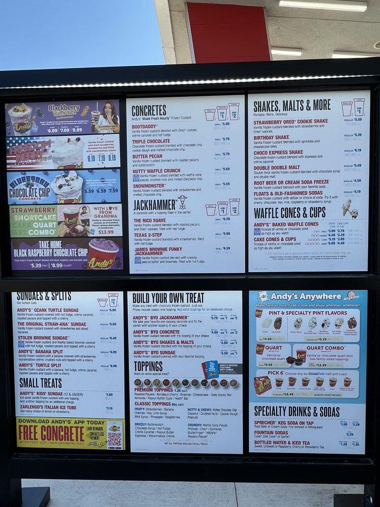 Menu at Andy's Frozen Custard desserts, Waco