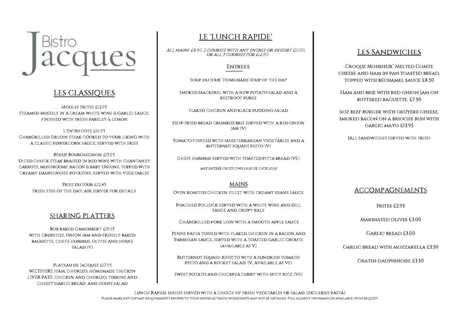 Menu at Bistro Jacques restaurant, Shrewsbury, 77/77a Mardol