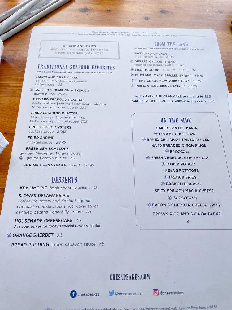 Menu at Chesapeake's Seafood and Raw Bar, Gatlinburg